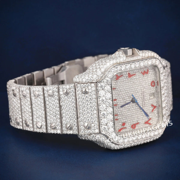 Iced Out White Gold Watch with Red Arabic Numbers Dial – Gurukrupa-Gems